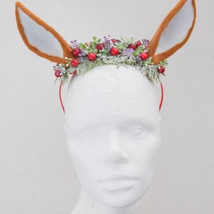 Christmas NYE Yule Headband, Winter Fawn Flower Berry Crown, Deer Ears ...