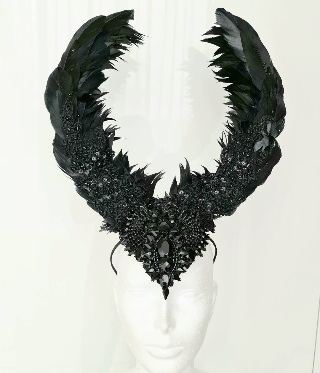 Black Feather Lace Horns Headdress , Witch's Wings Headpiece - Etsy