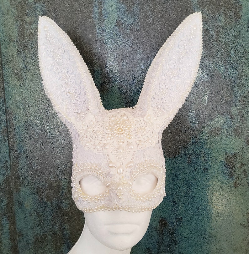 White Bunny Rabbit Burlesque Beaded Mask Snow Hare Lace Mask | Etsy