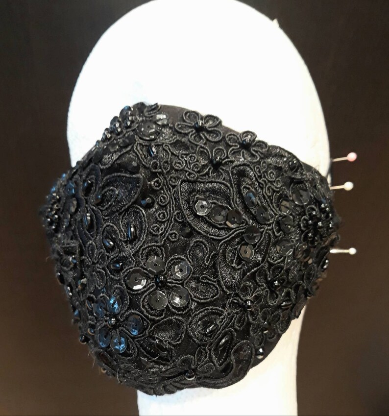 Black Beaded Lace Designer Fabric Mask With Filter Pocket | Etsy