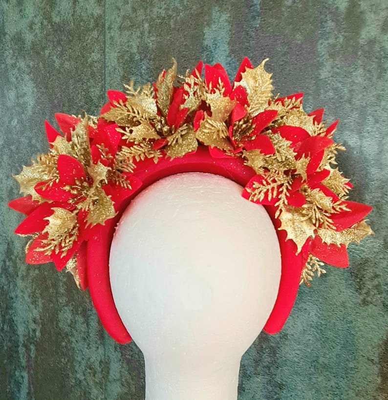 Christmas Flower Crown , Red Gold Flower Headband , New Year's Eve ...
