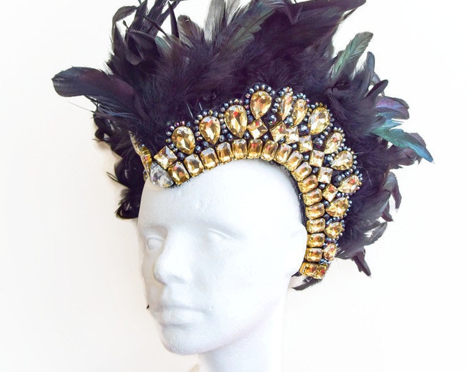 Dark Queen Festival Feather Crown, Rhinestone Renaissance Headdress ...