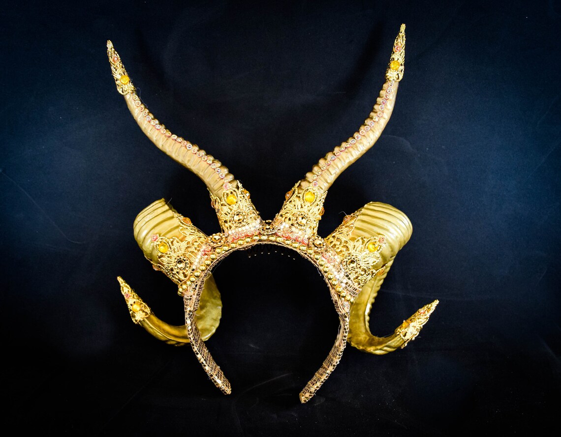 Gold Double Horns Gothic Fantasy Crown Demon Queen Headdress | Etsy