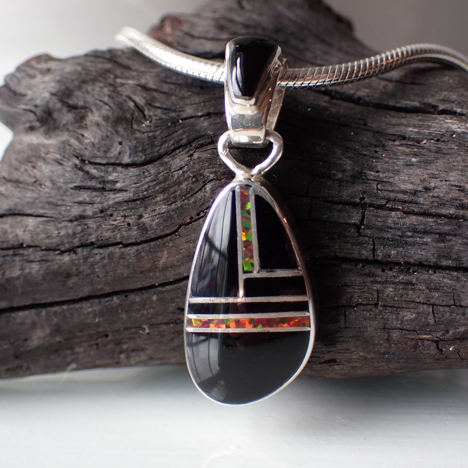Onyx Red Opal & Sterling Silver Inlay Pendant by Navajo - Etsy