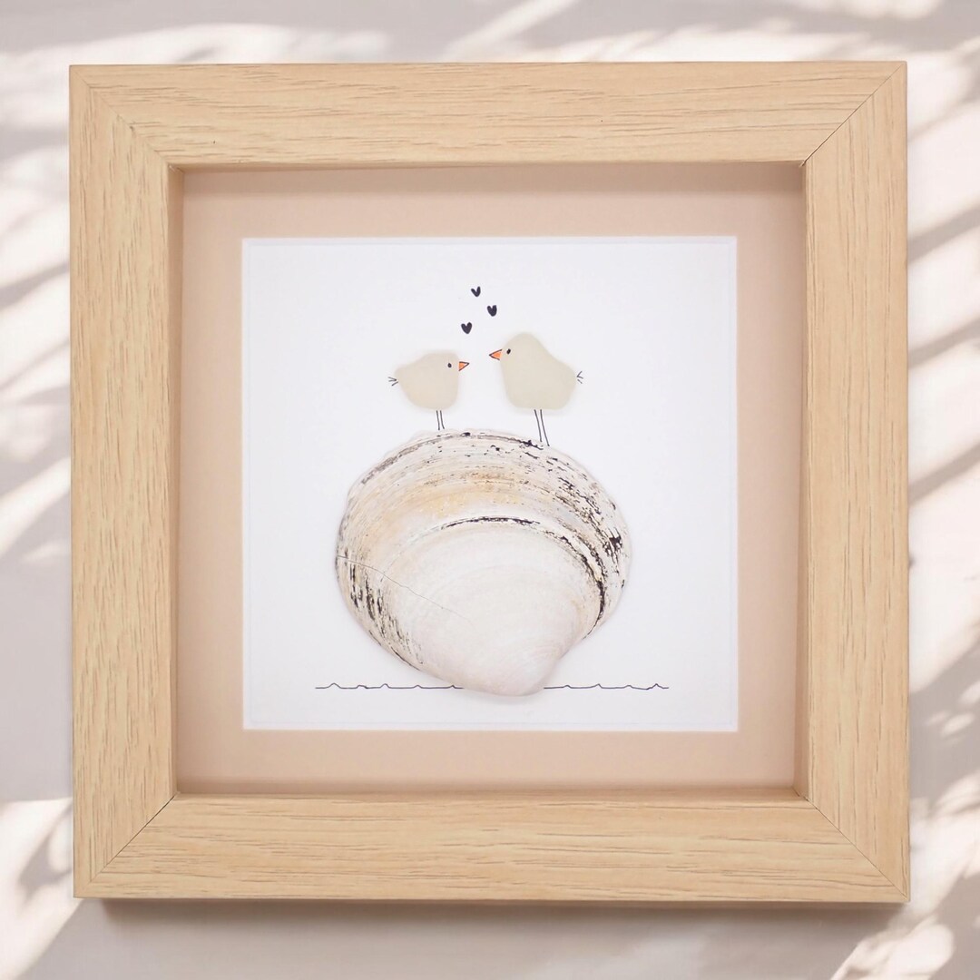 Sea Glass Love Birds on A Clam Shell Picture - Sea Glass Art Picture - Etsy