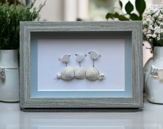 Three Sea Glass Birds On Sea Shells Sea Glass Picture Coastal Decor Beach Home Decor Beach House