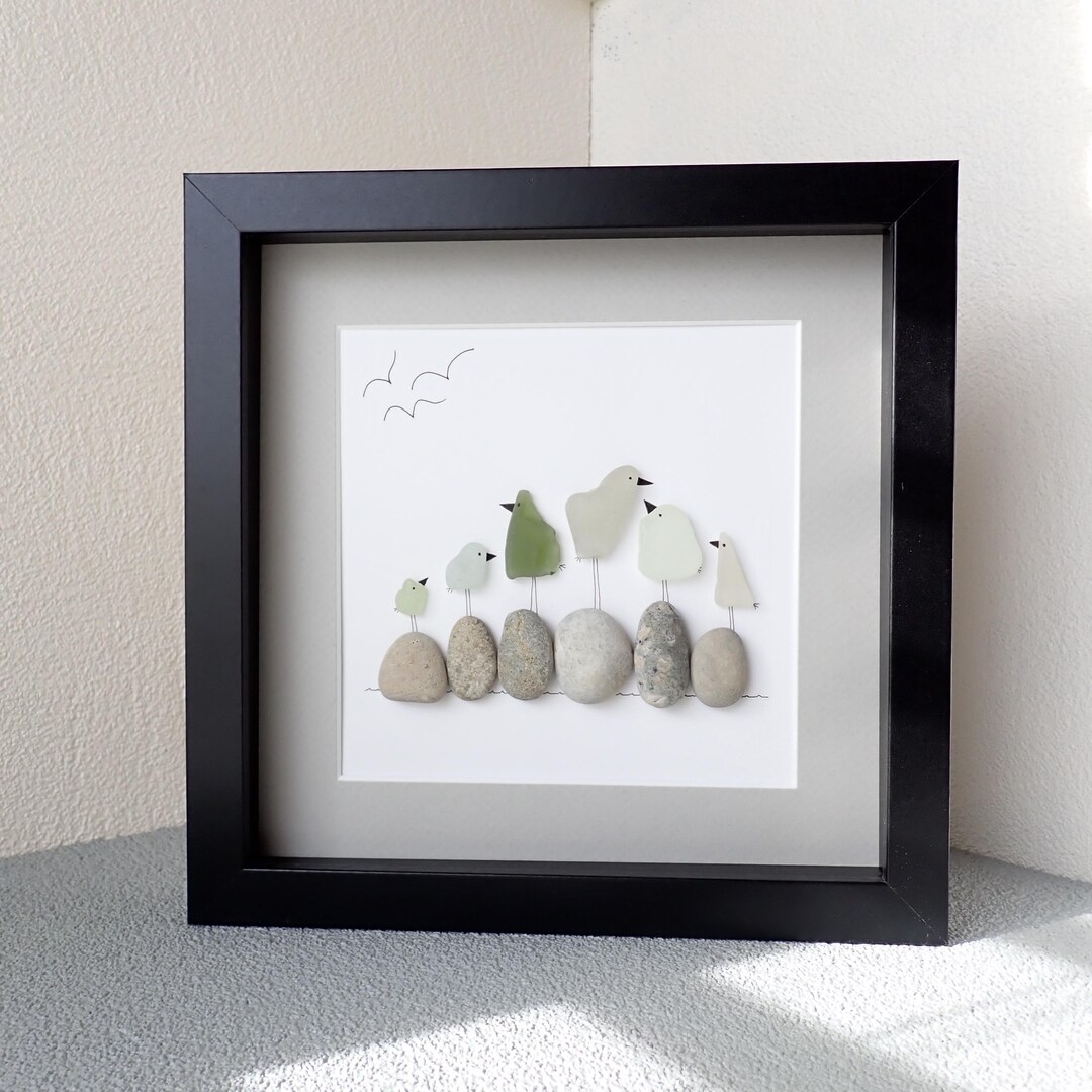 Six Green & Grey Sea Glass Birds on Beach Rocks - Sea Glass Art Picture ...