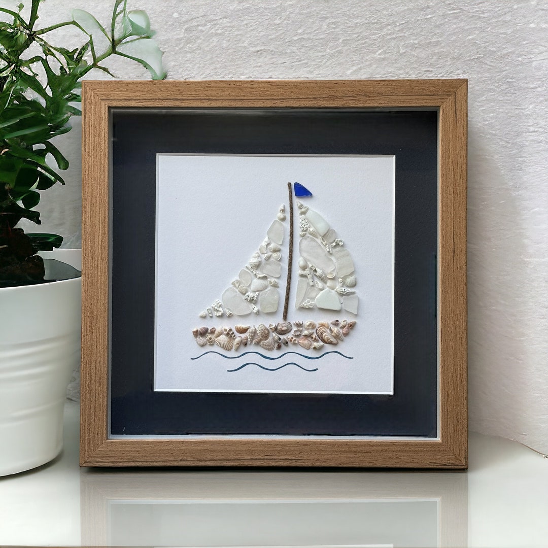 White Sea Glass, Coral, Shells, & Pottery Mosaic Sailboat Picture Mixed ...