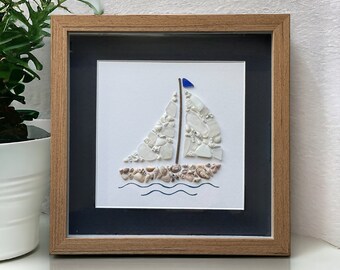 White Sea Glass, Coral, Shells, & Pottery Mosaic Sailboat Picture Mixed ...