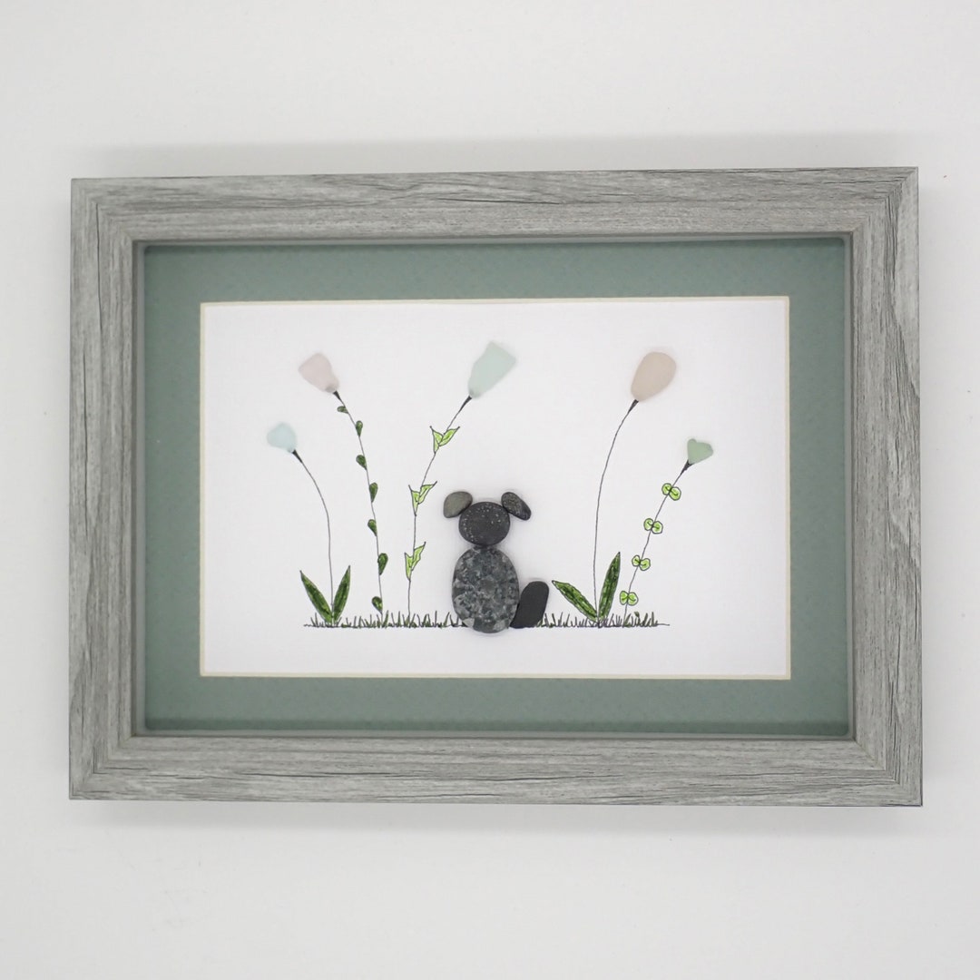 Pebble Dog Sitting in A Sea Glass Garden Pebble Art - Etsy
