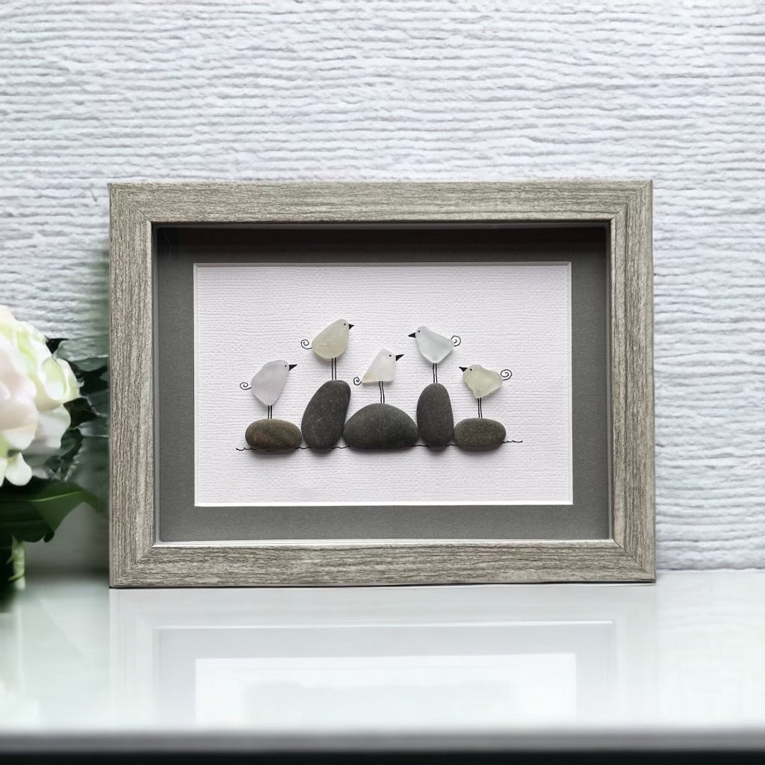 Sea Glass Five Birds Family Picture Pebble Art Sea Glass Art - Etsy
