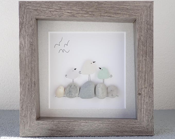 Three Colorful Sea Glass Birds on Beach Rocks - Sea Glass Art Picture ...