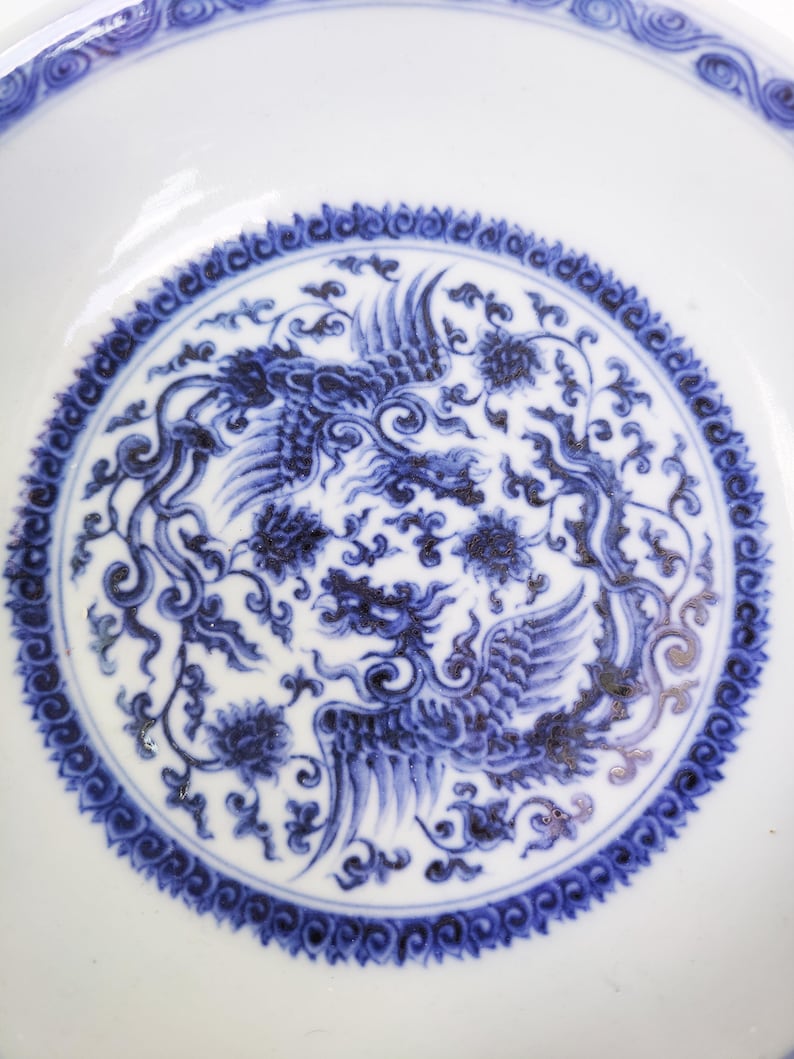 Antique Chinese Porcelain Blue & White Phoenix Bowl Plate With Mark - Etsy