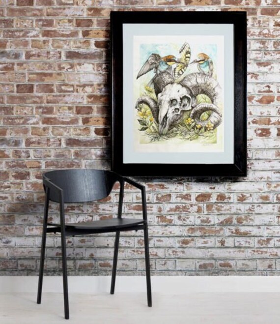 The Seer Ram Skull Art Bea-eater bird art Memento Mori | Etsy