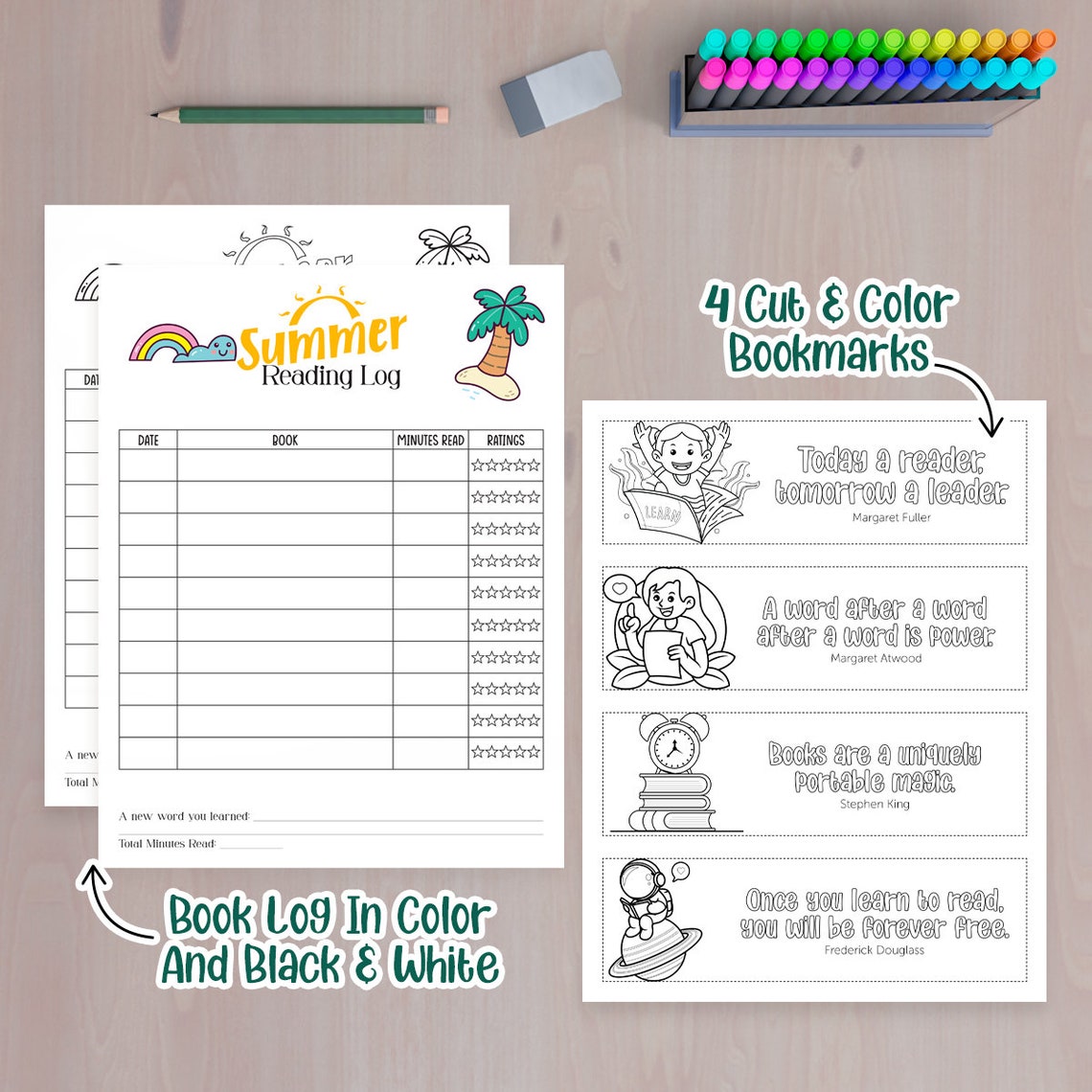 Kids Summer Reading Log W/ FREE Printable Coloring Bookmarks | Etsy