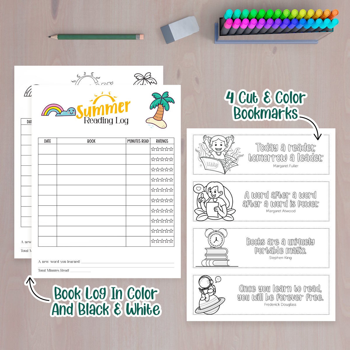 Kids Summer Reading Log W/ FREE Printable Coloring Bookmarks | Etsy