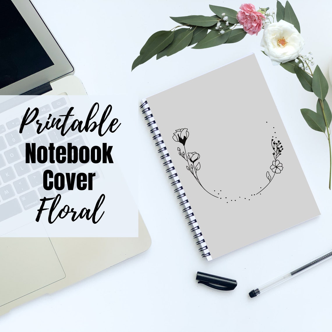 BEST VALUE 1 Printable Notebook Cover Gray Floral Theme - Instant ...