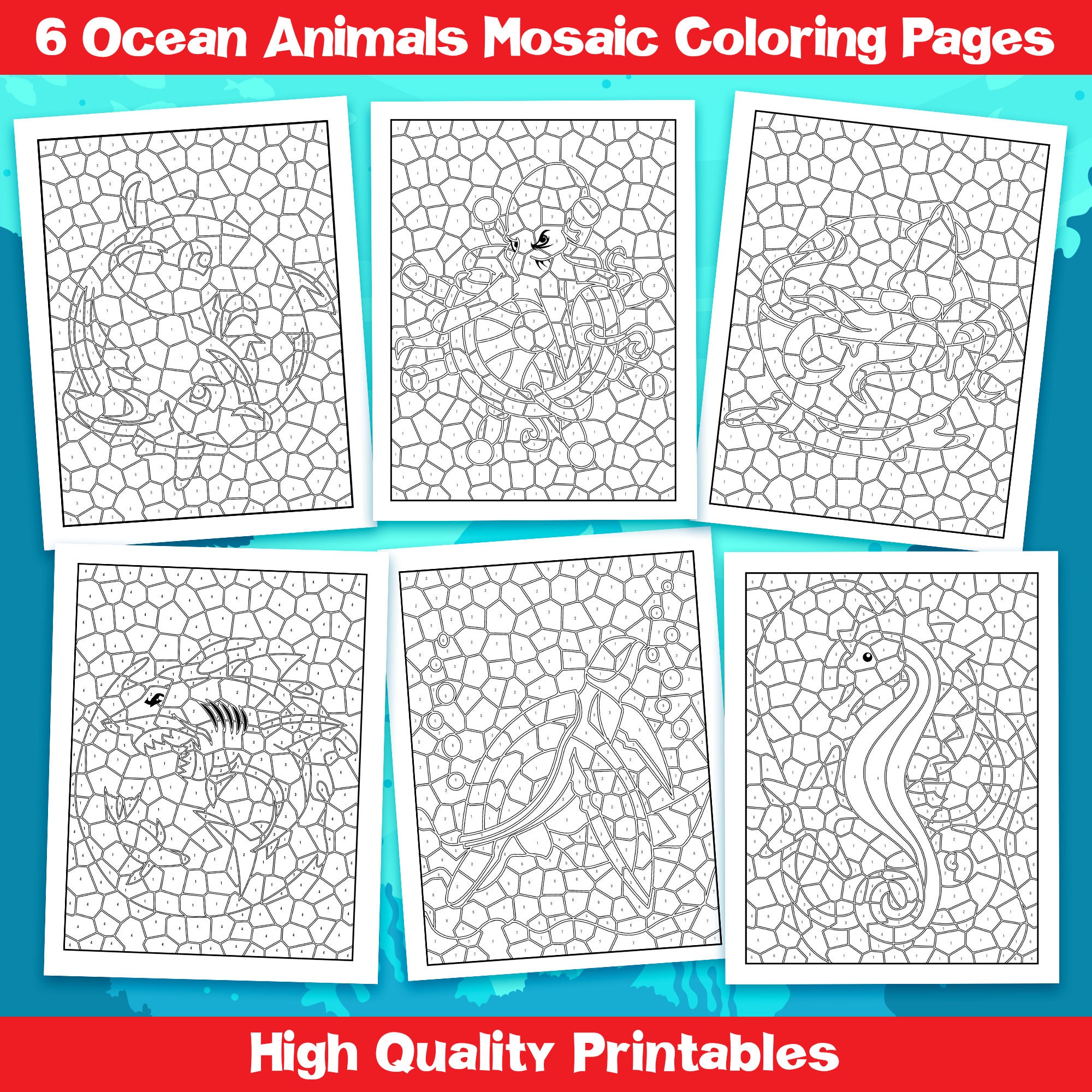 BEST VALUE 6 Printable Ocean Animals Mosaic Color by Number Instant ...