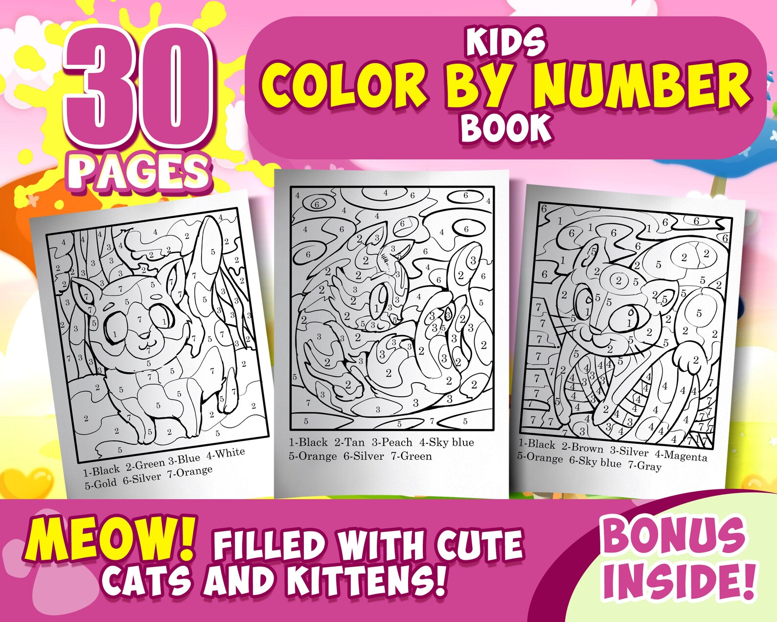 30 Color by Number Coloring Pages Cute Cat Coloring Book Instant ...