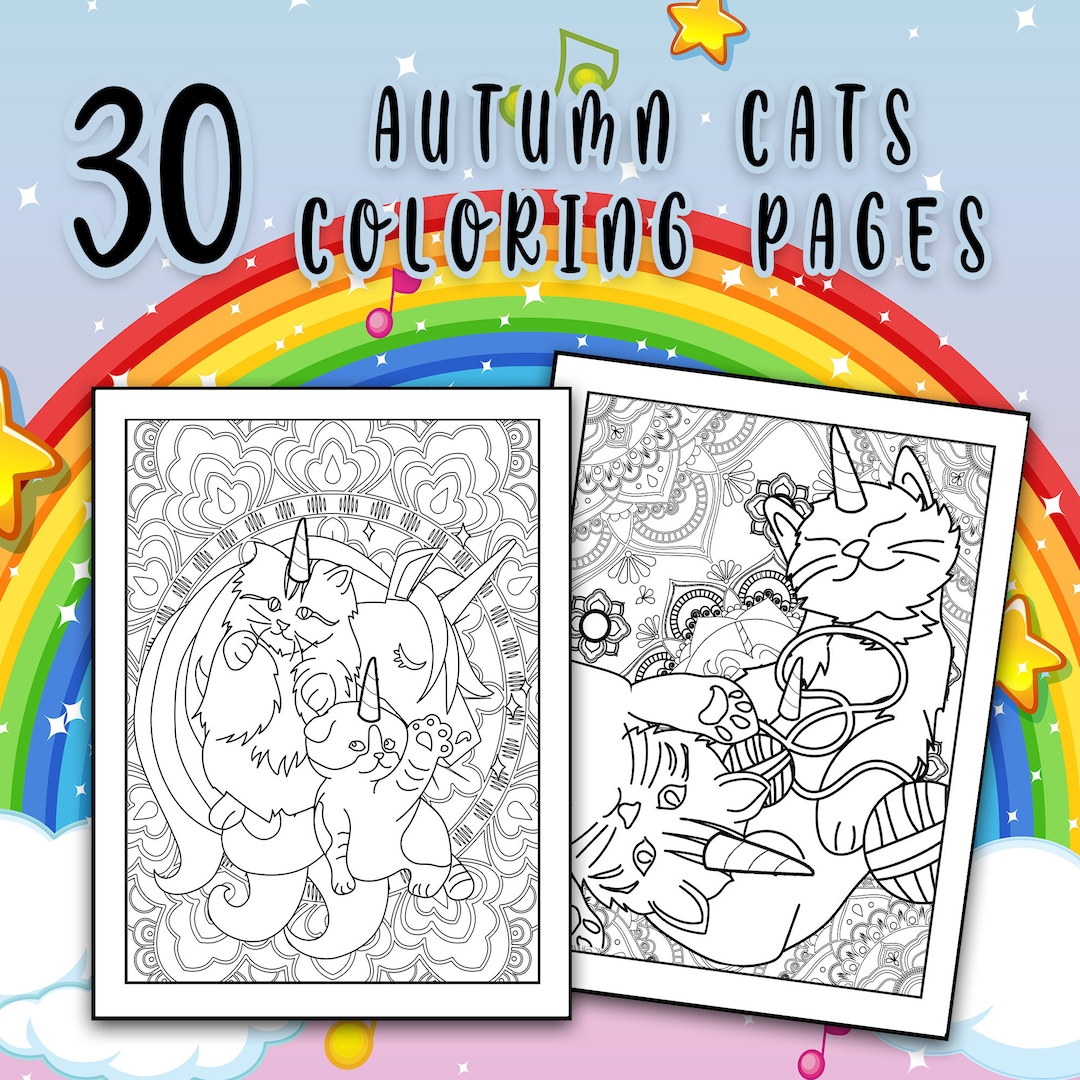 BEST VALUE - 30 Autumn Cats Coloring Pages - Instant Download Kitticorn ...