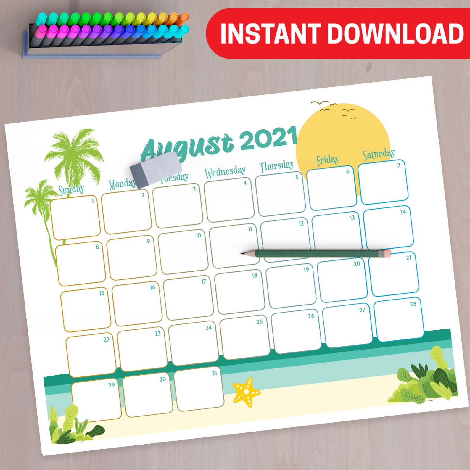 Printable Summer Calendar August 2021, Summer Calendar for Adults ...