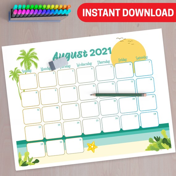 Printable Summer Calendar August 2021 Summer Calendar For | Etsy
