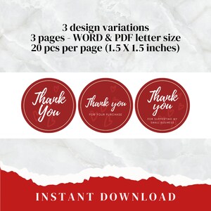 Printable Thank You Stickers - Instant Download Red Sticker TY Business ...