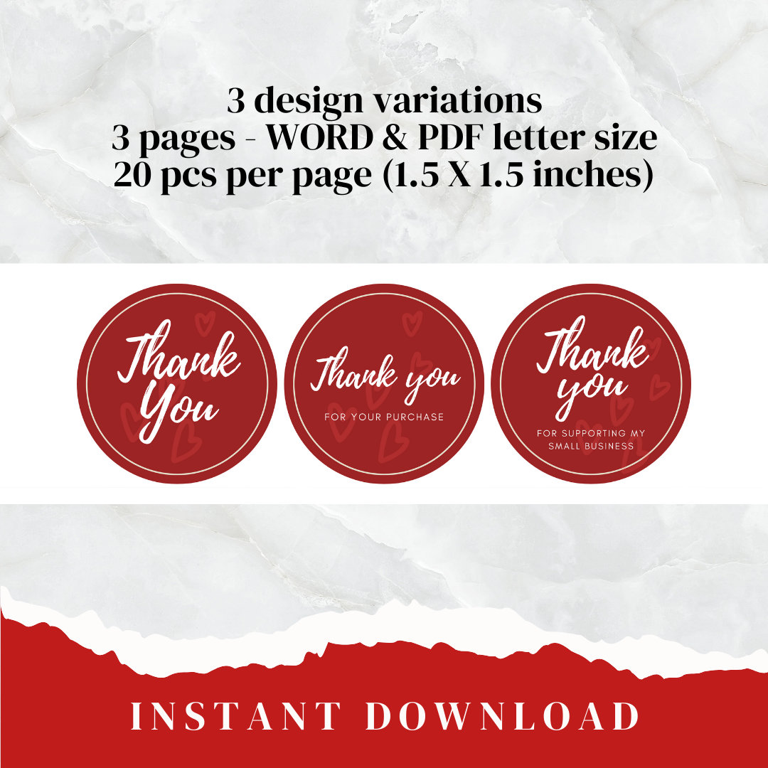 Printable Thank You Stickers - Instant Download Red Sticker TY Business ...