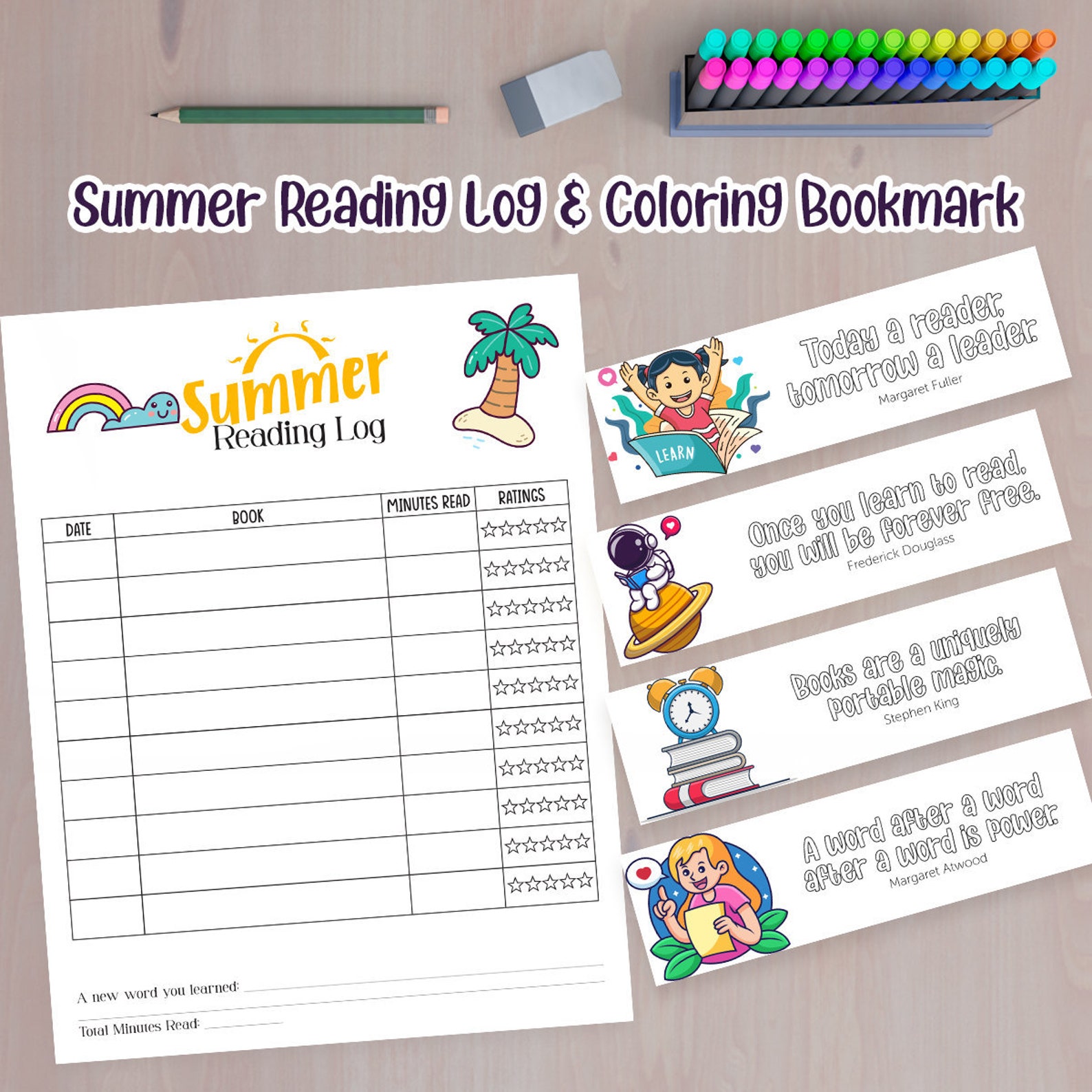 Kids Summer Reading Log W/ FREE Printable Coloring Bookmarks | Etsy