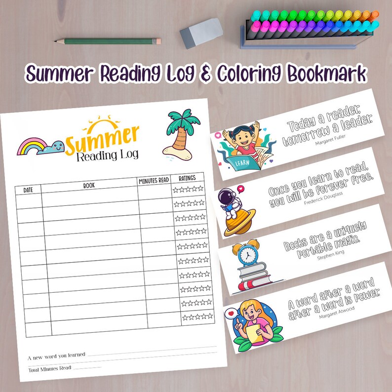 Kids Summer Reading Log W/ FREE Printable Coloring Bookmarks - Etsy