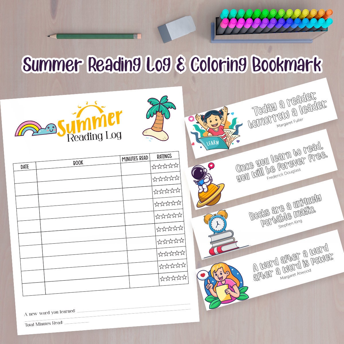 Kids Summer Reading Log W/ FREE Printable Coloring Bookmarks | Etsy