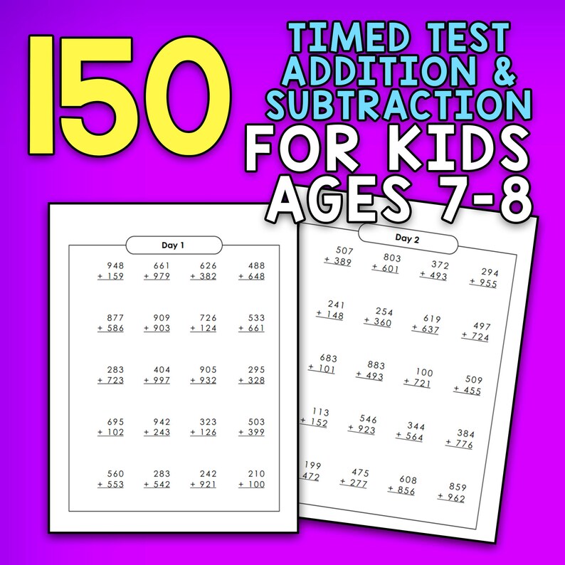 BEST VALUE 150 Addition and Subtraction 2nd Grade Math Worksheets Ages ...