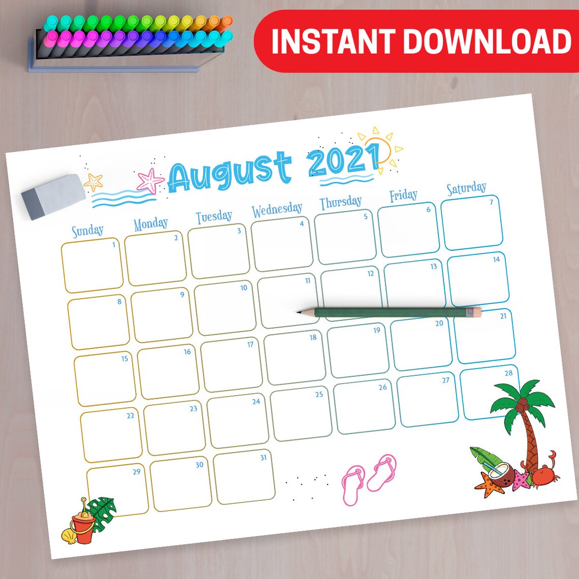 Printable Summer Calendar August 2021, Homeschool Calendar for Kids ...