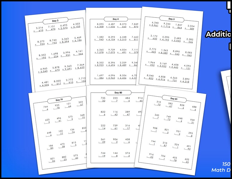 BEST VALUE 150 Addition and Subtraction 3rd Grade Math Worksheets Ages ...