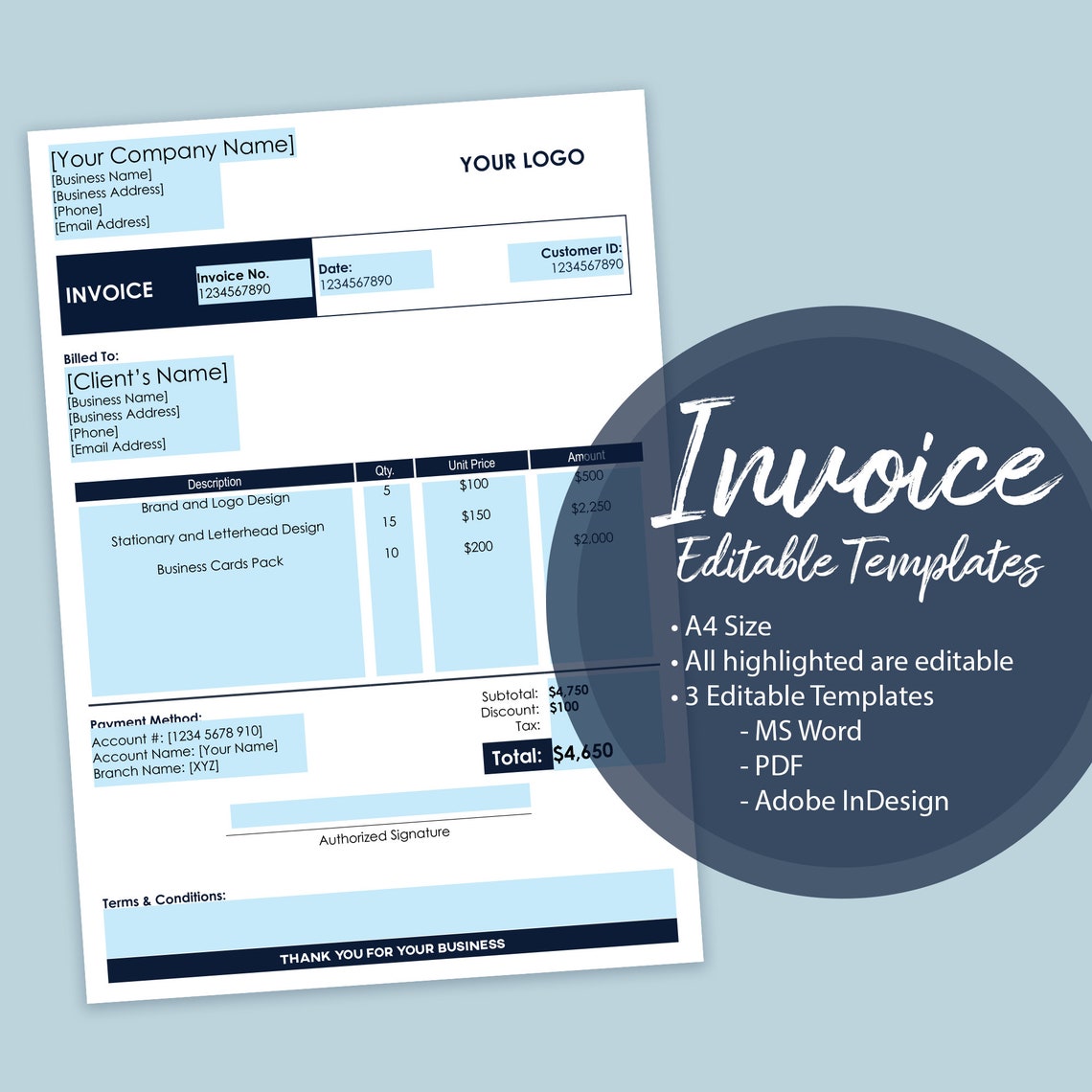 Professional Invoice Form Instant Download Editable Receipt - Etsy