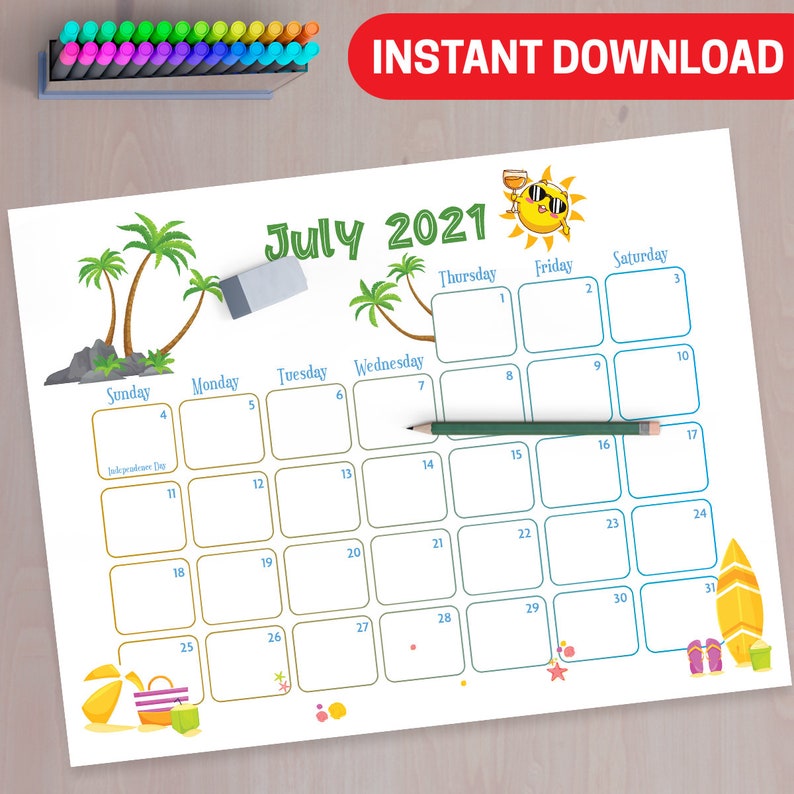 Printable Summer Calendar July 2021, Summer Calendar for Adults, Summer ...