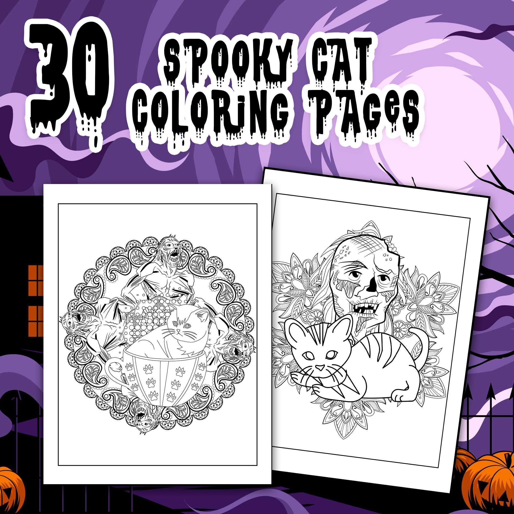 BEST VALUE 30 Spooky Cat Coloring Pages Instant Download Halloween Cat ...
