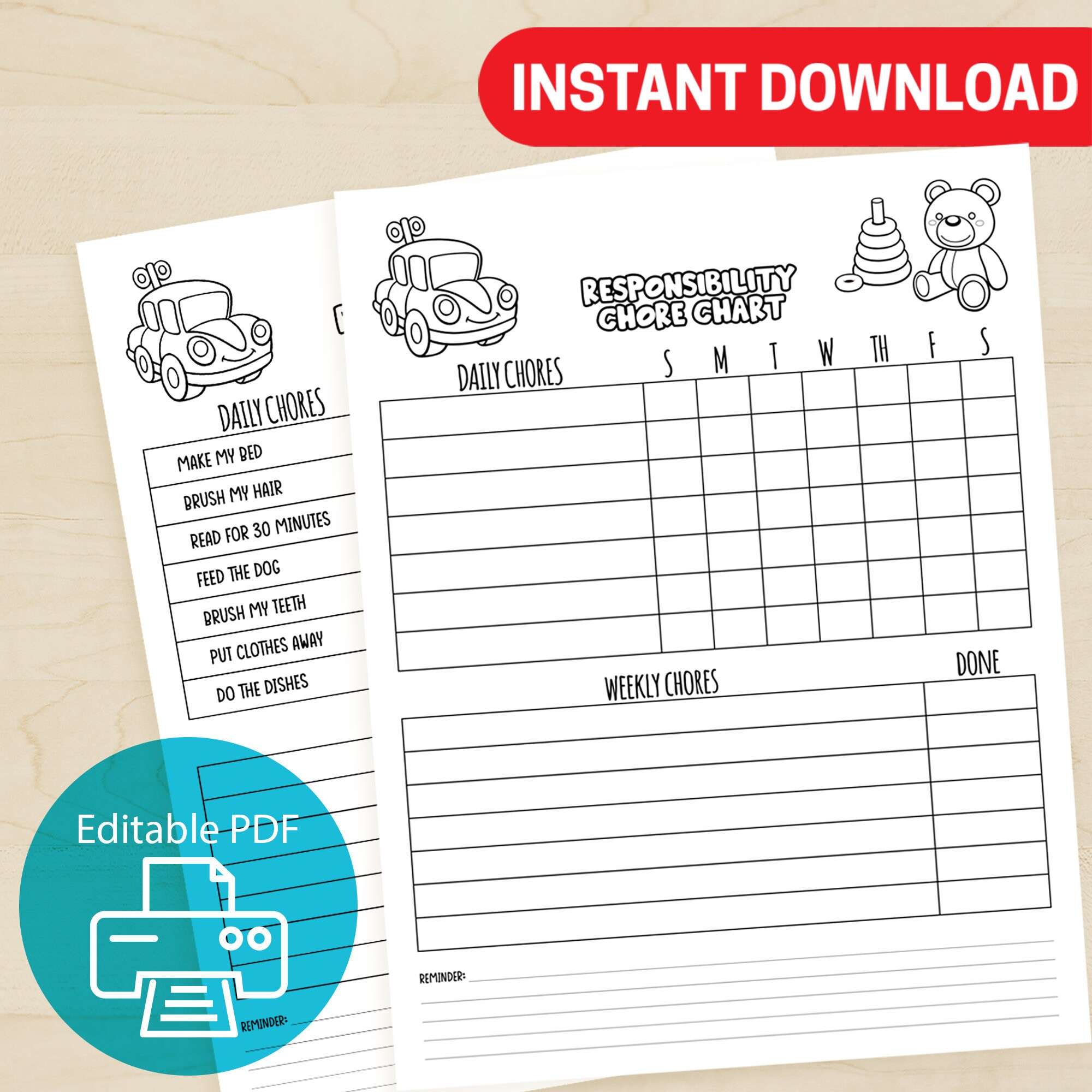 Kids Responsibility Chore Chart, Kids Chore Chart Daily Weekly Routine ...