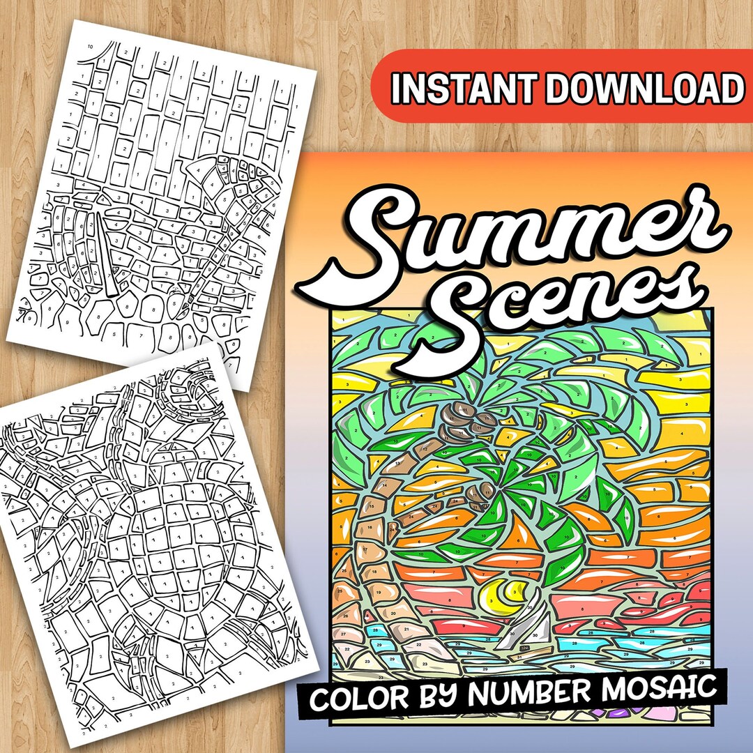 25 Summer Scenes: Color by Number Mosaic Coloring Pages - Instant ...