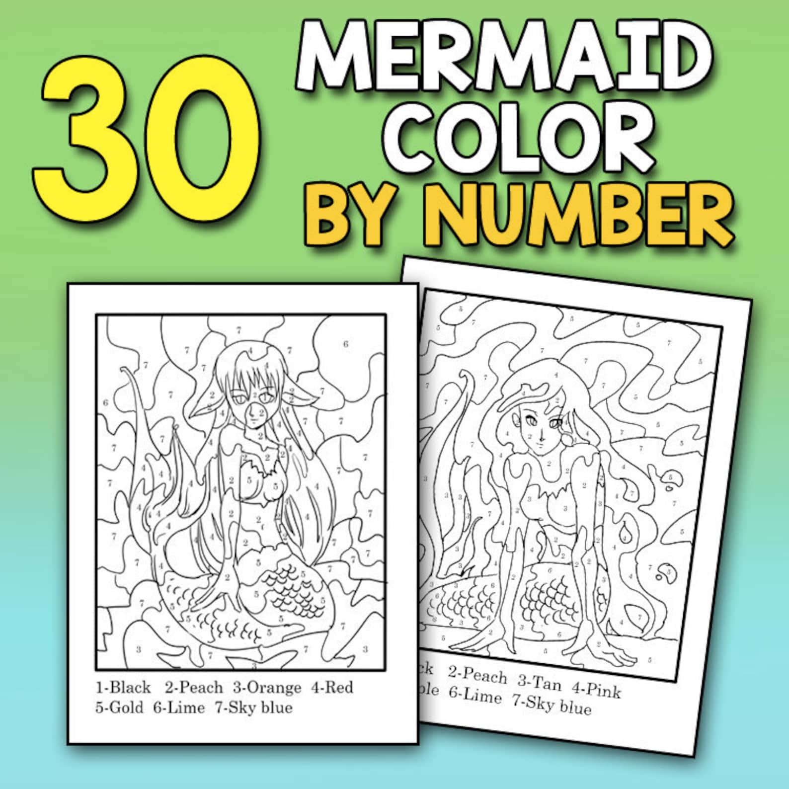 BEST VALUE 30 Mermaid Color by Number Color by Number for Kids Mermaid ...