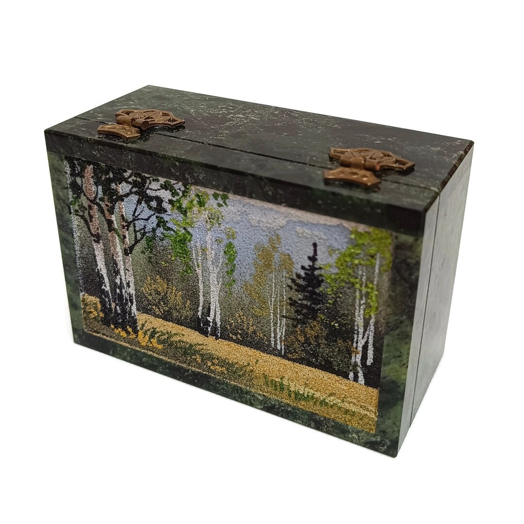 Russian Jewelry Box Urals Serpentine Green Stone Chips Mosaic Nature ...