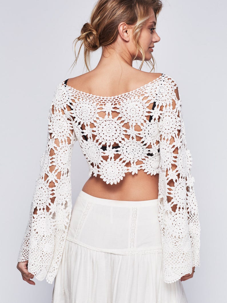 Bridal Boho Hippie Crop Top Crochet Lace Bell Sleeve Gipsy Etsy