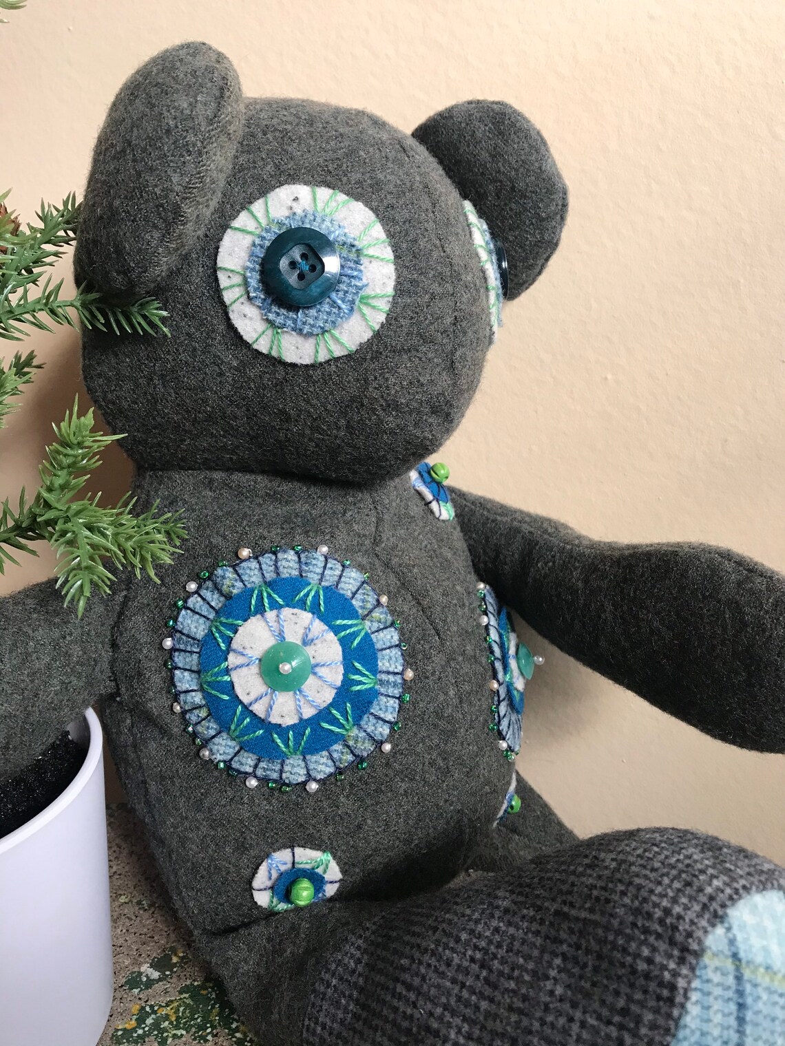 Handmade Embroidered Teddy Bear Vintage Details Patchwork Quilted Blue ...