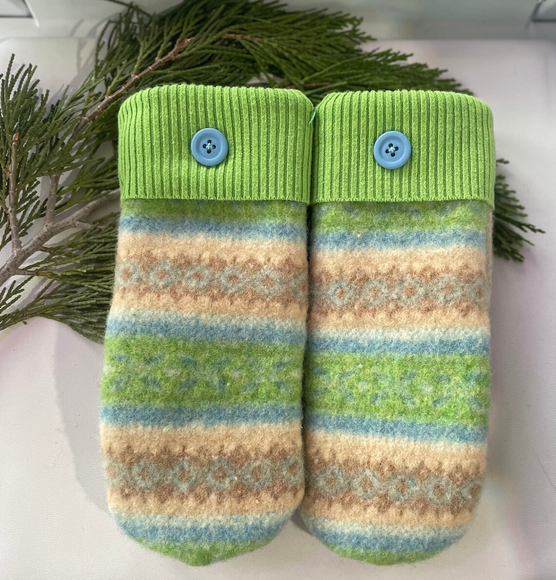 Thick and Cozy Green Striped Upcycled Lined Ski Sweater Mittens - Super ...