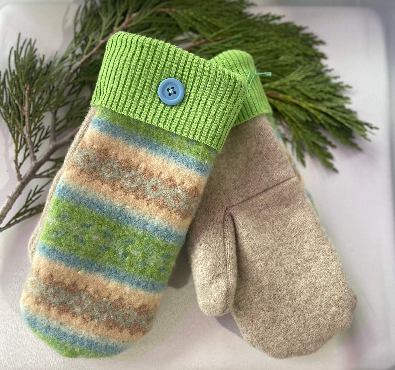 Thick and Cozy Green Striped Upcycled Lined Ski Sweater Mittens - Super ...