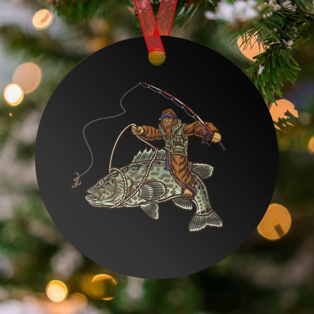 Bigfoot Riding Grouper Ornament, Funny Sasquatch Fishing Christmas ...