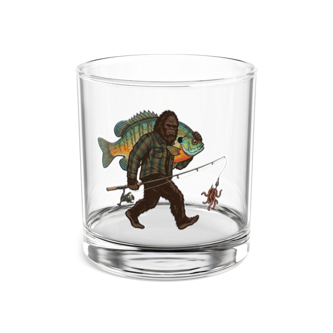 Bigfoot Carrying Trophy Sunfish Fishing Whiskey Glass, Sasquatch Angler ...