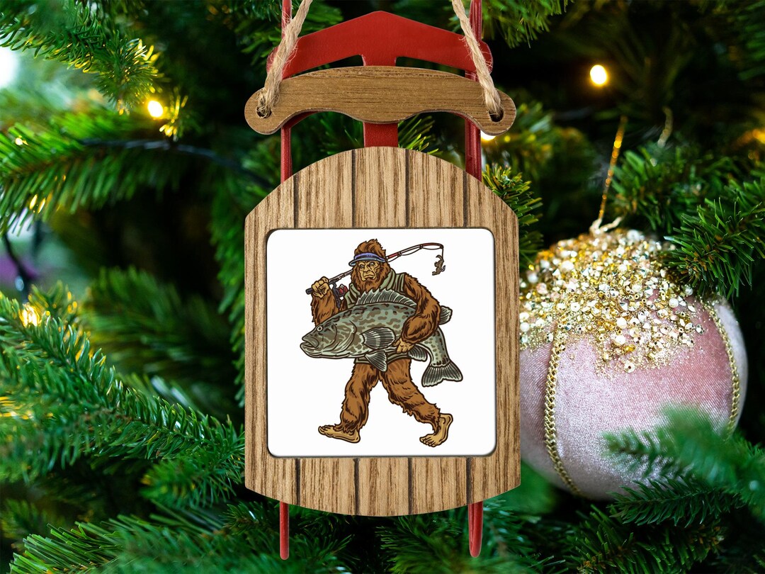 Bigfoot Christmas Grouper Ornament Funny Fishing Sasquatch Sled Holiday ...