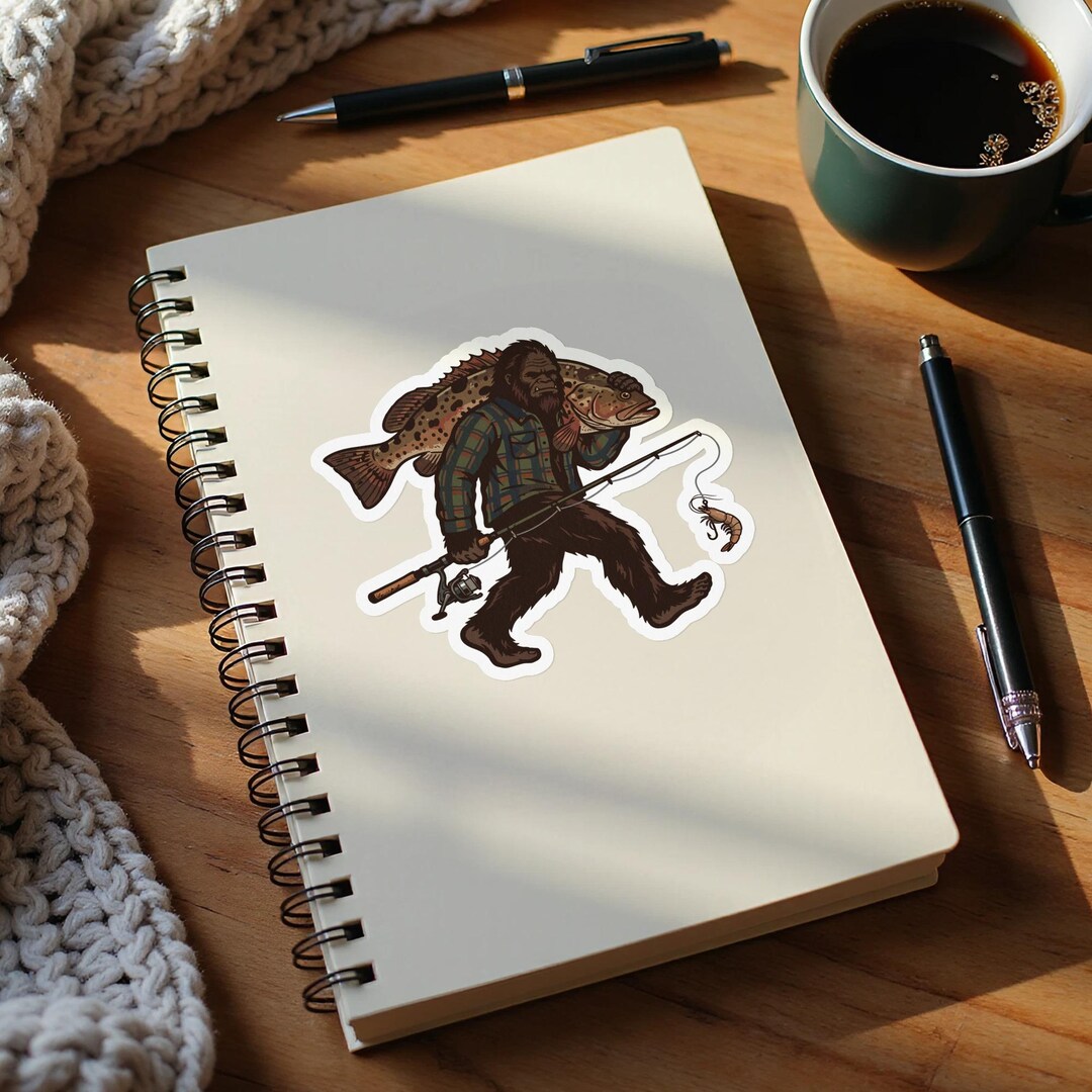 Bigfoot Carrying Trophy Grouper Kiss Cut Sticker, Funny Fishing ...