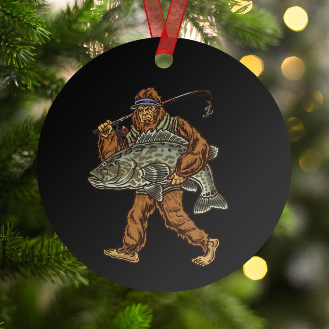 Bigfoot Carrying Grouper Ornament, Funny Fishing Sasquatch Christmas ...